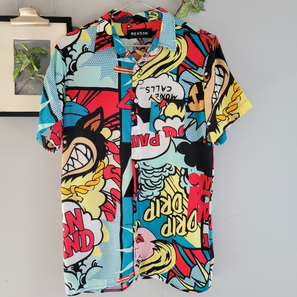 Reason | Shirts | Reason Mens Comic Strip Pop Art Money Calls Button Up ...